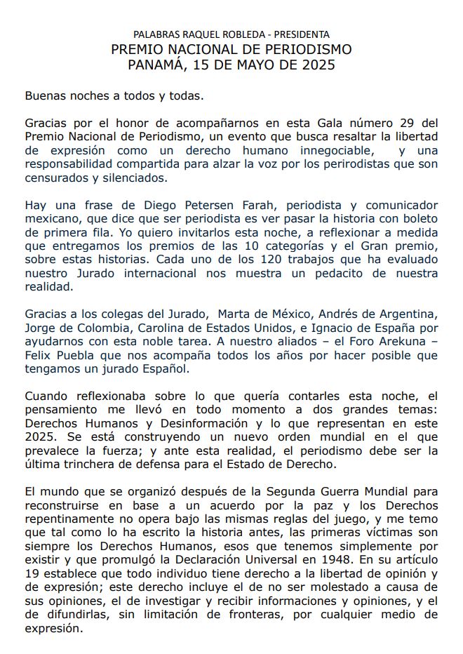 PALABRAS RAQUEL ROBLEDA – PRESIDENTA PREMIO NACIONAL DE PERIODISMO ...